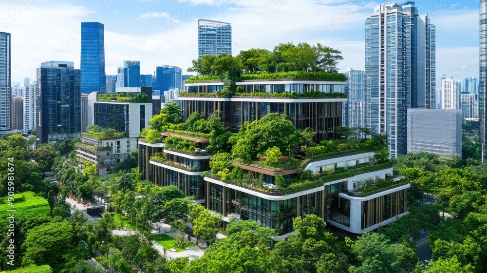 Green urban park with sustainable architecture, illustrating eco ...