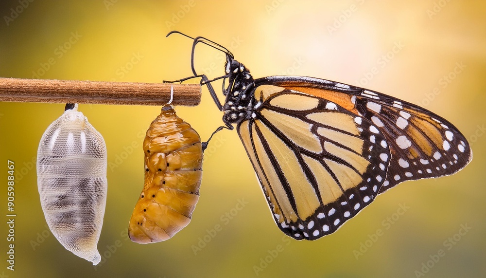 Amazing moment, Monarch Butterfly, pupae and cocoons are suspended ...