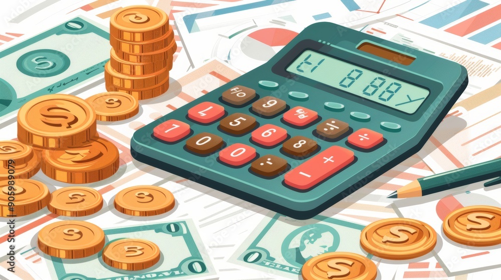 Cartoon vector calculator and money on a budget planning sheet Stock ...