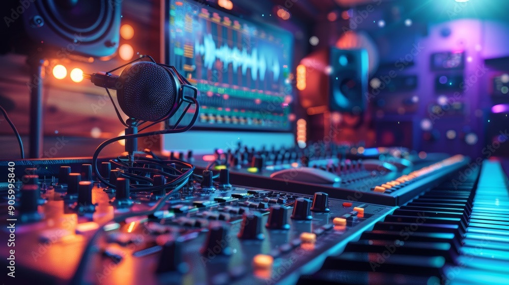 Cartoon vector illustration of a singer recording a song in a ...