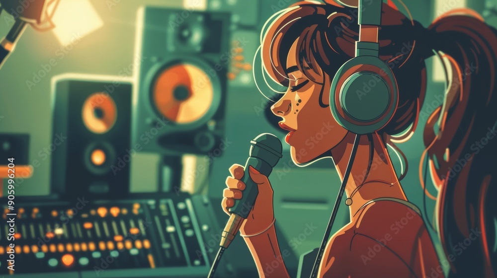 Cartoon vector illustration of a singer recording a song in a ...