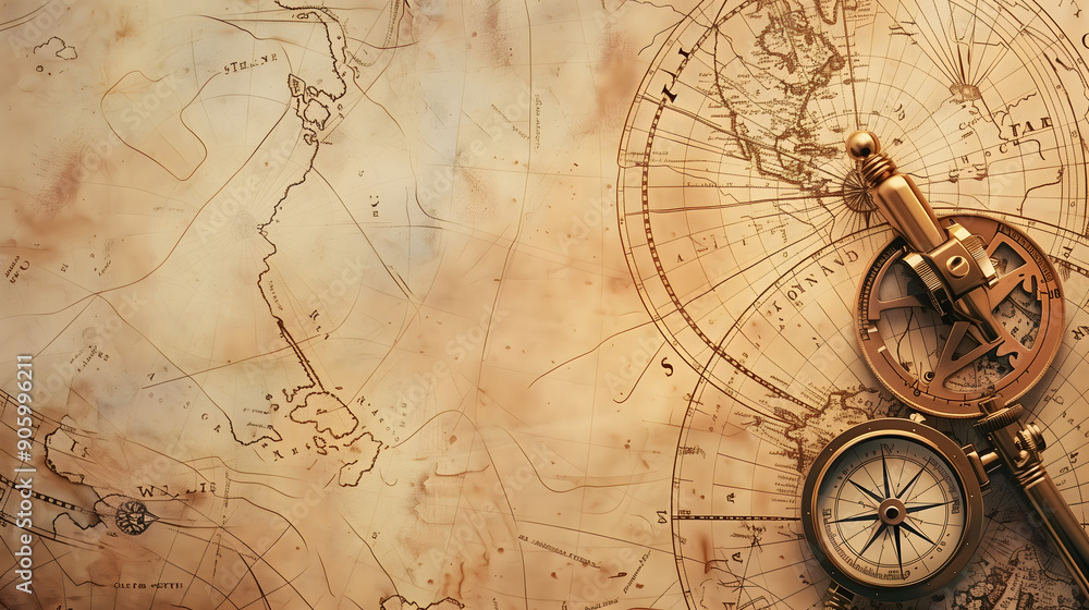 Vintage map background with a compass and a sextant，old compass on old ...