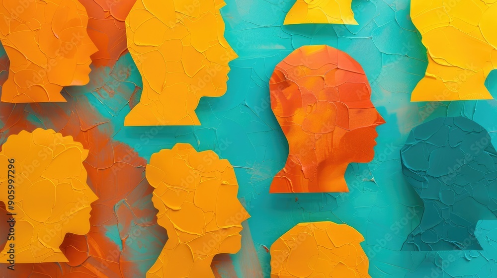 Abstract image with yellow and orange human head silhouettes on ...