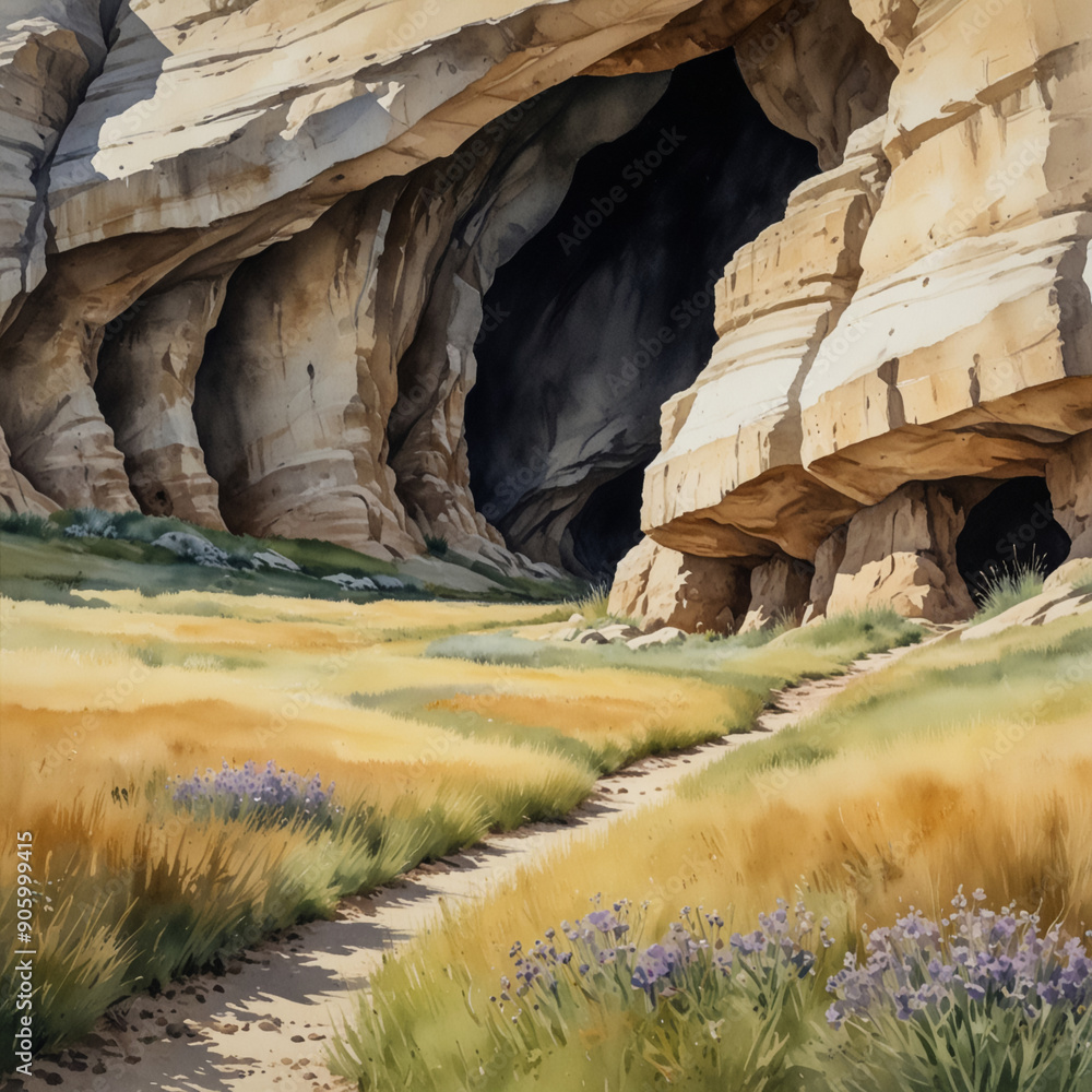Watercolor illustration of Wind Cave National Park in South Dakota ...