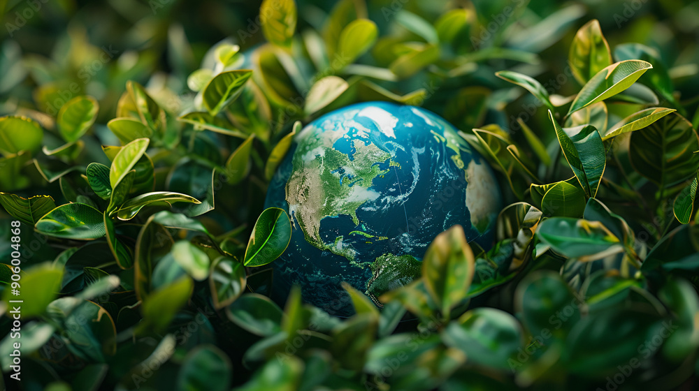 Paper Earth Globe surrounded by green foliage symbol of environmental ...