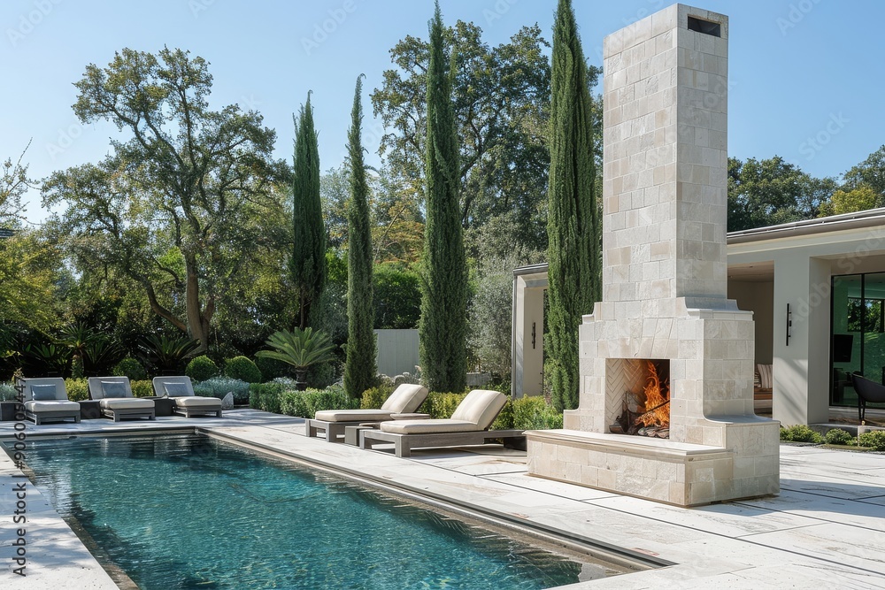 Outdoor fireplace behind an all-white pool, surrounded by tall trees ...