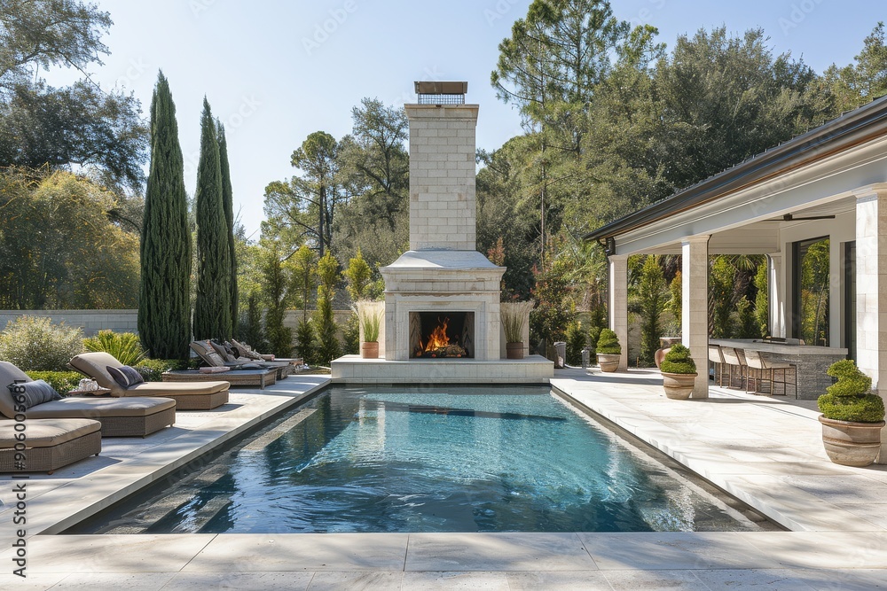 Outdoor fireplace behind an all-white pool, surrounded by tall trees ...