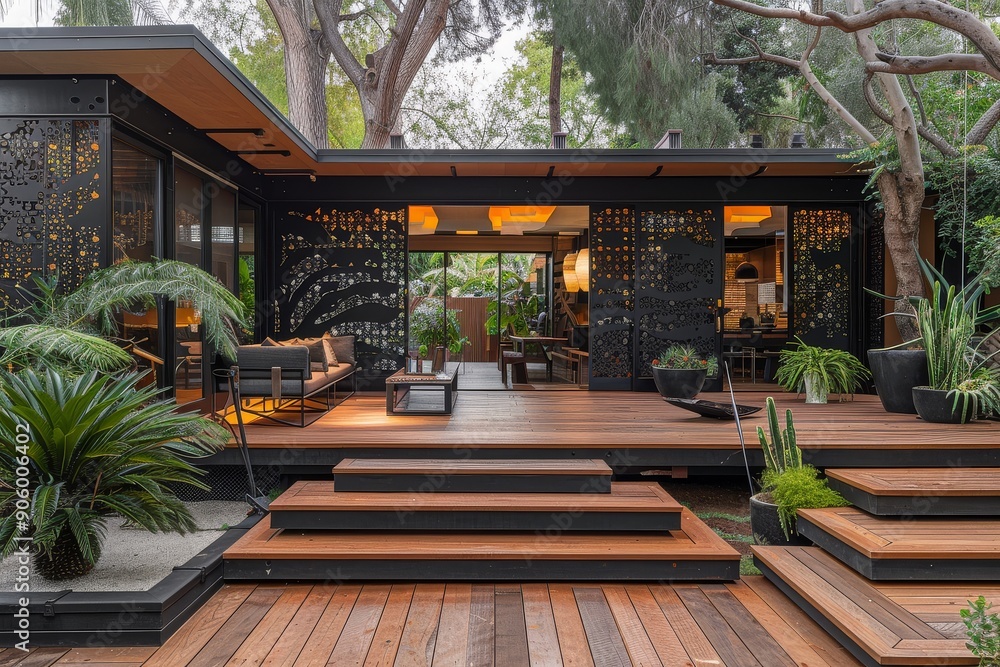 Outdoor patio with black and white laser cut panels, elegant modern ...