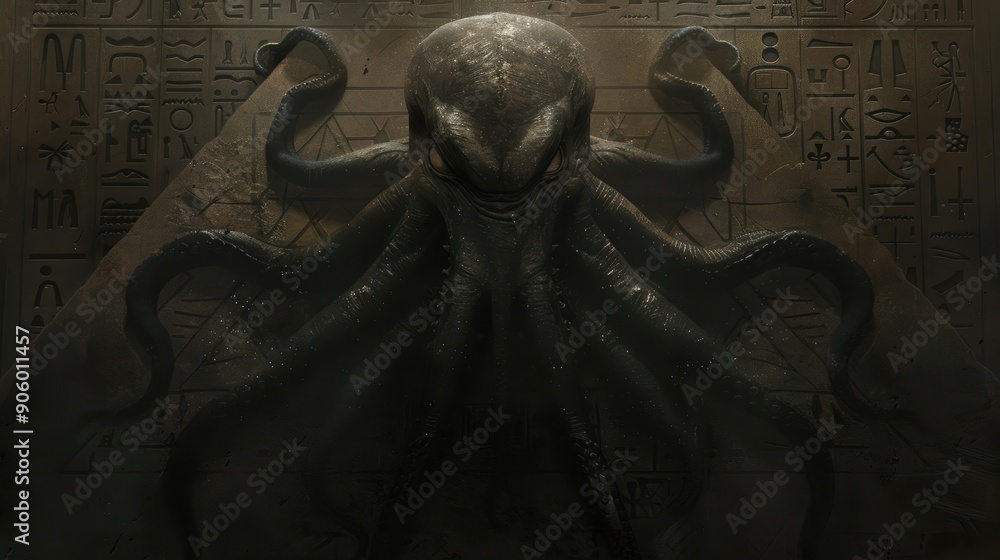 An ancient, monstrous being with tentacles emerges from the shadows of ...