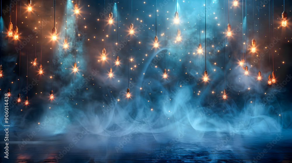 Mystical Stage with Hanging Edison Bulbs Casting a Warm Glow Fog ...