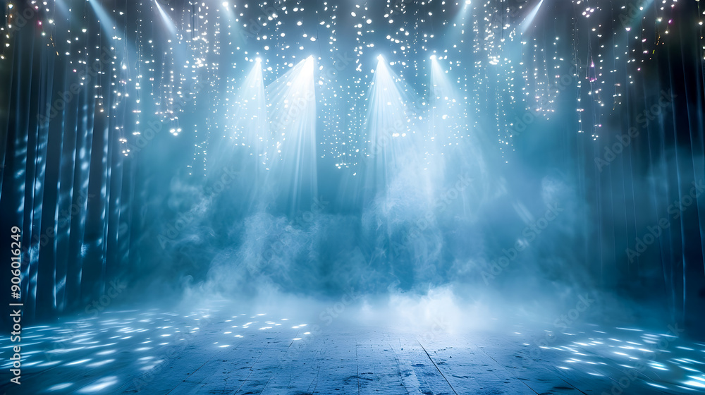 Captivating photograph of a foggy stage with twinkling lights overhead ...