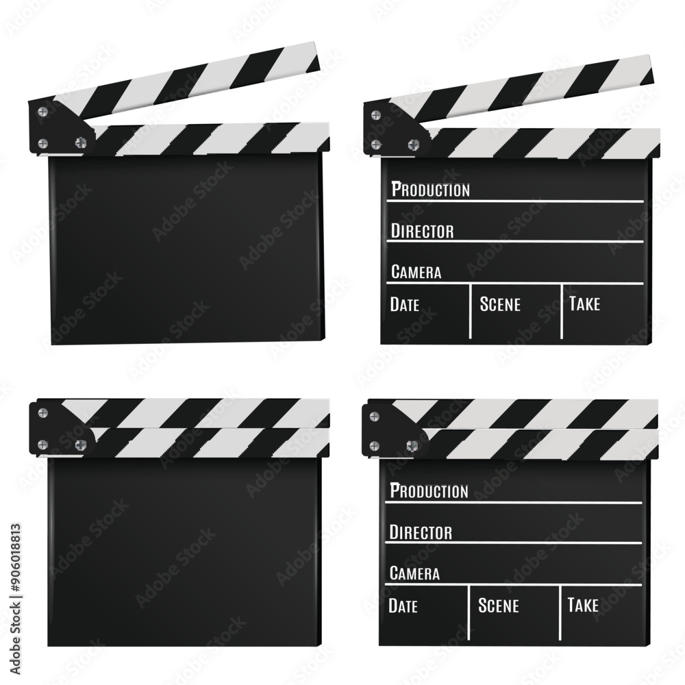 Four clapperboards with open and closed states, featuring production ...