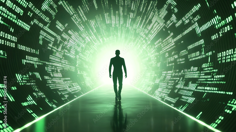 Silhouette of a person walking towards the light through a binary code ...
