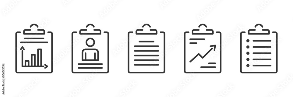 Set of report line icons, clipboard with charts, person symbol, check ...