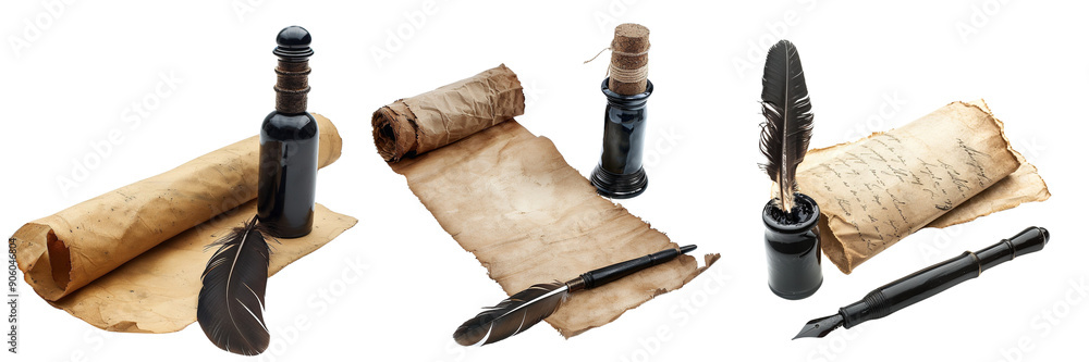 Set of A classic quill and ink set, with a scroll of parchment paper ...