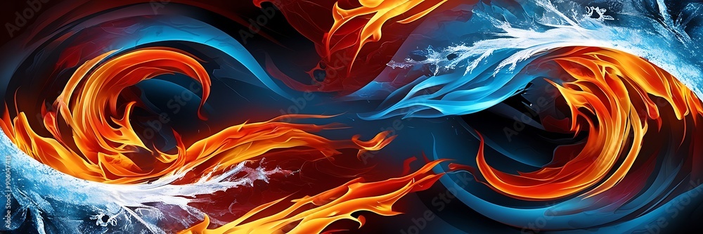 Abstract swirling shapes depict a contrast between fire and ice. This ...