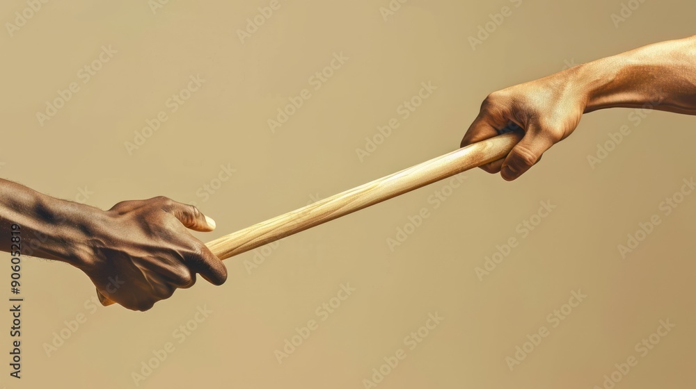 A sprinting athlete passing a baton to a teammate mid-stride ...