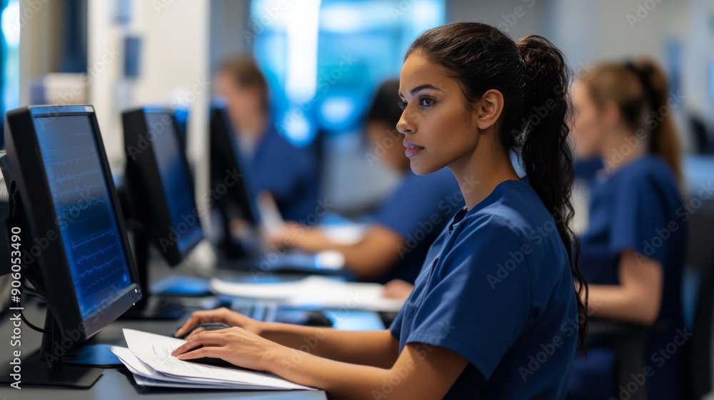 nurses and hospital stuffs doing administrative work in the reception ...