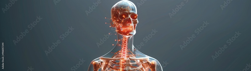 Human skeleton 3D model with connective tissue lesions highlighted ...