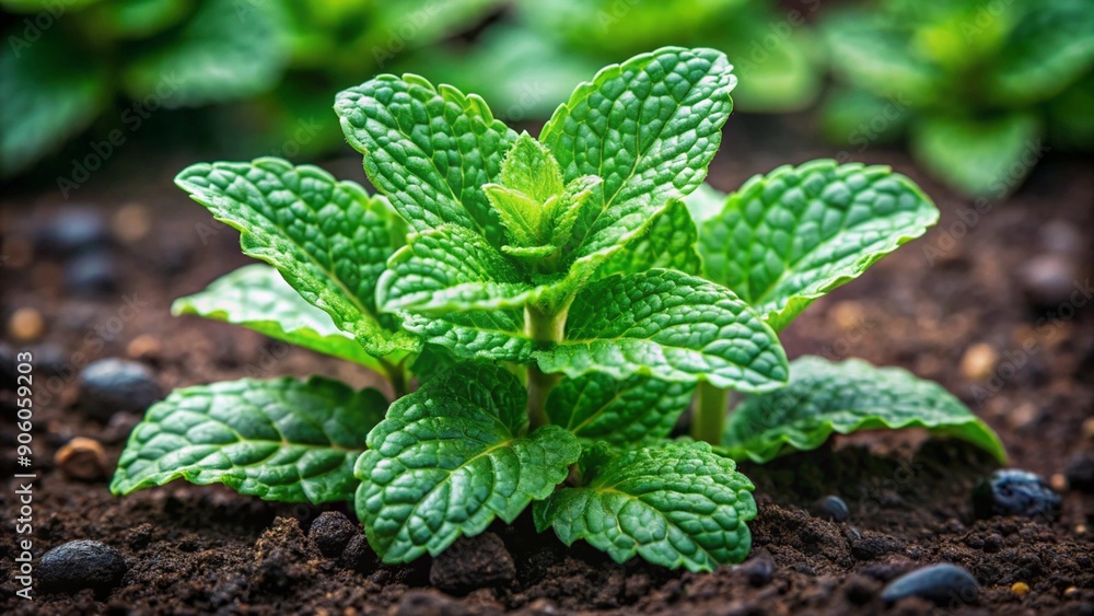 Green mint plant with broad leaves, growing in a wide garden with water ...