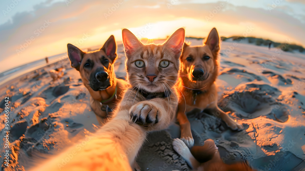 Feline and Canine Friends Capture Sunset Selfie on the Beach A ...