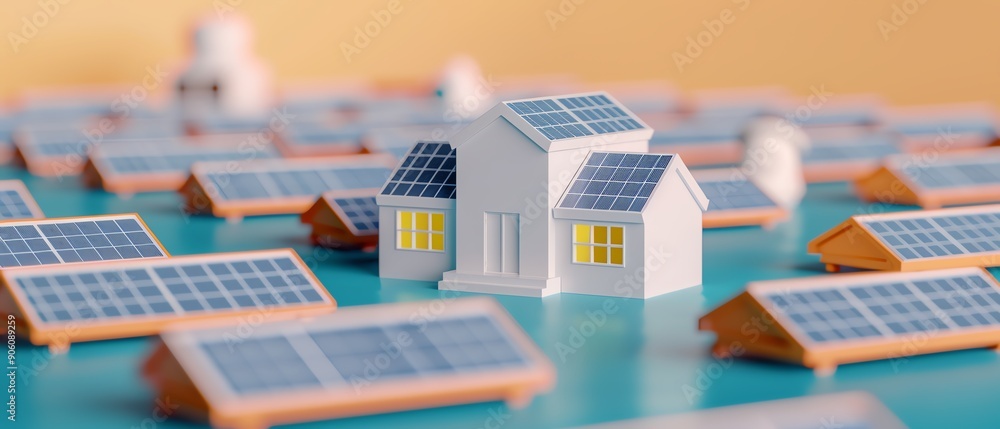 Close-up of miniature houses with solar panels representing renewable ...