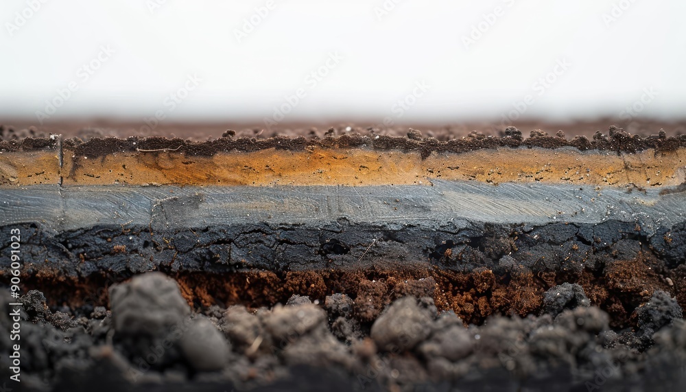 Detailed photo of soil layers exposed in a cross-section, showcasing ...