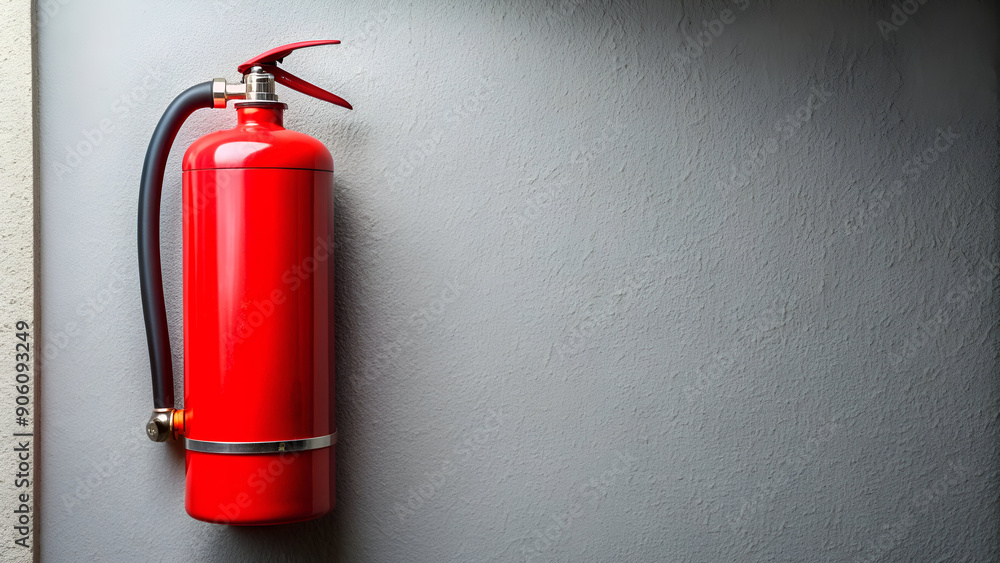 Wall-mounted red fire extinguisher with hose, essential safety ...