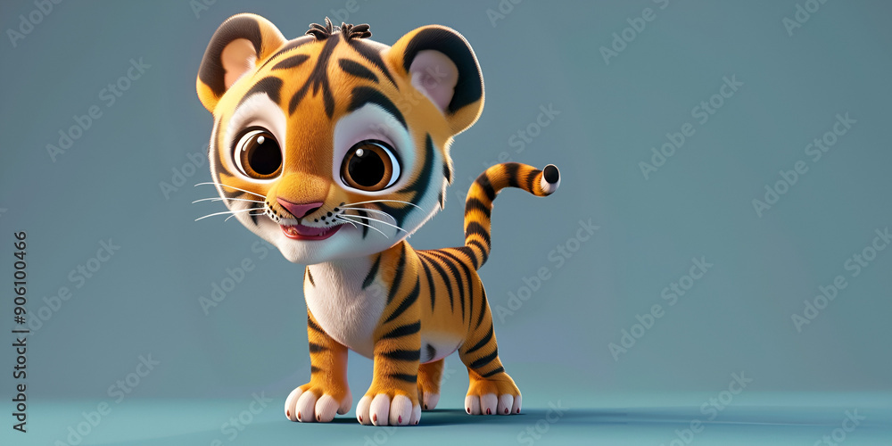 Cute cartoon tiger sitting on a blue background The tiger has big eyes ...