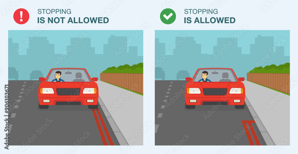 Safe driving tips and traffic regulation rules. Front view of a car ...