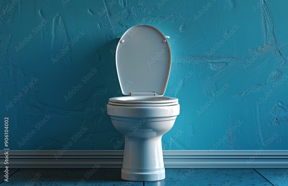 White toilet bowl with open lid against blue wall in bathroom, front ...