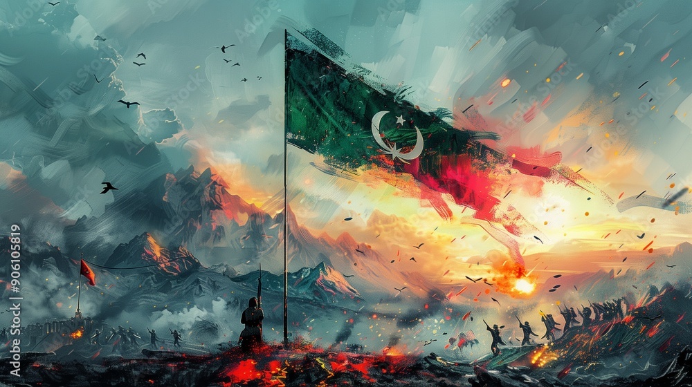 A close-up of a Defence Day flag's fabric texture, bold design ...