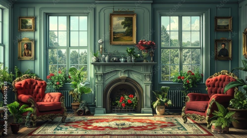 Background: The Victorian wallpaper features ornate, antique designs ...