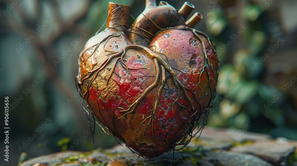 Detailed anatomical model of a human heart with intricate veins and ...