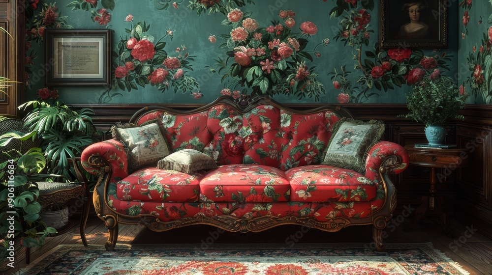 Background: The Victorian wallpaper features ornate, antique designs ...