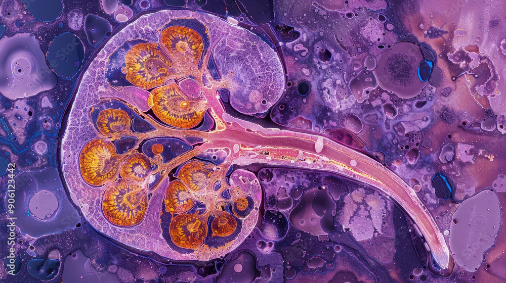 Two kidneys are shown in a blue and orange color scheme. The image has ...