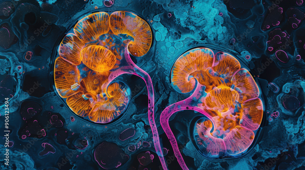 Two kidneys are shown in a blue and orange color scheme. The image has ...