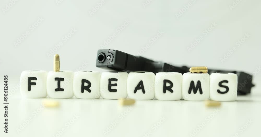Gun and bullets rest on cubes marked Firearms on white background ...