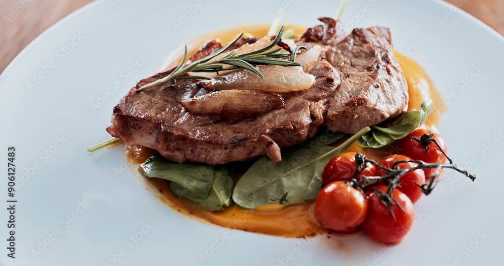 Steak, plate and meal in restaurant, ready and luxury of fine dining in ...