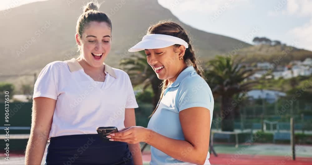 Women, friends and happy with smartphone as tennis player on social ...