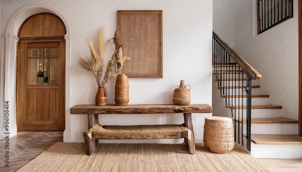 Console Table and Rustic Bench in Mediterranean Entrance Hall with ...
