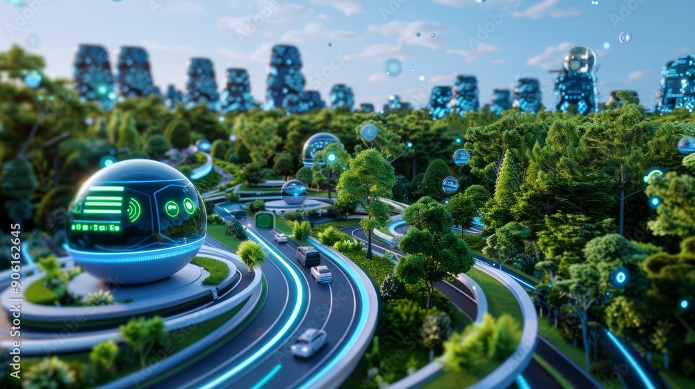 Futuristic urban park with holographic guides and IoT-connected environmental controls ...