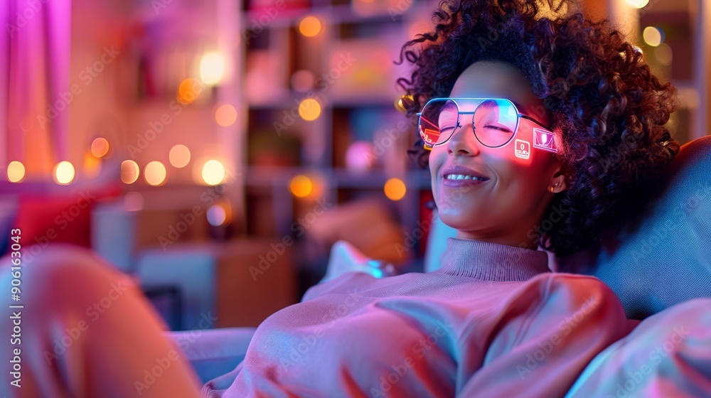 Person relaxing in a smart home with holographic controls for lighting ...