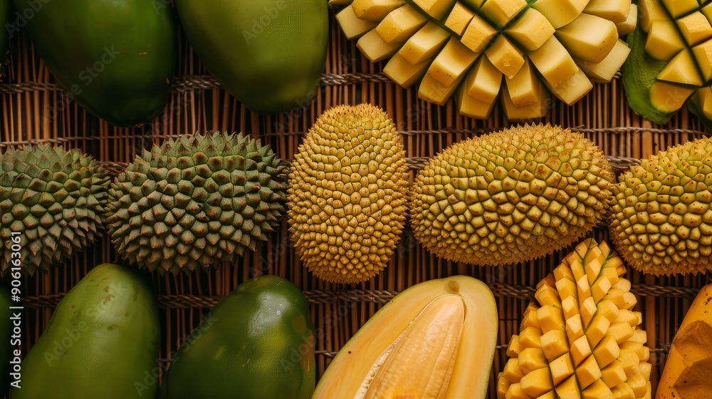 Jackfruit in different stages of ripeness displayed on a traditional ...