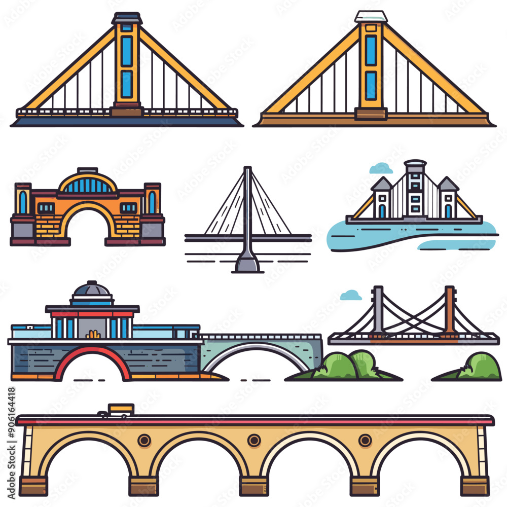 Collection colorful bridge illustrations featuring various ...