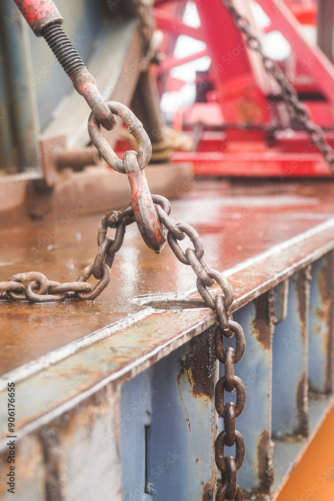 Steel chain and hook securing anchor, using to secure heavy object that ...