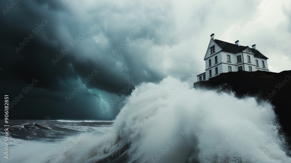 Victorian mansion clinging to a cliff during a fierce storm, waves ...