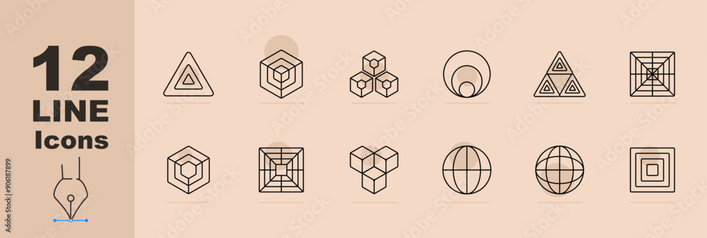 Geometric set icon. Triangle, cube, hexagon, circular arcs, nested ...