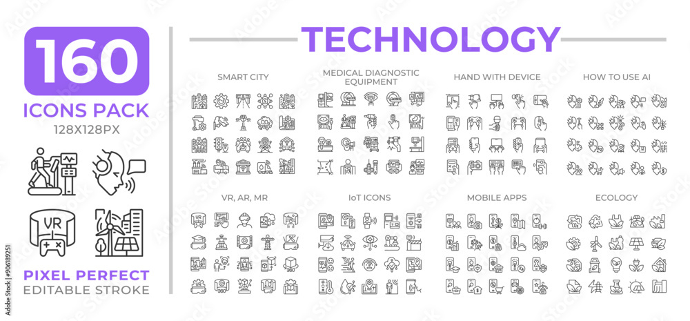Technology line icons set collection. Smart city IoT. Clean energy. VR ...