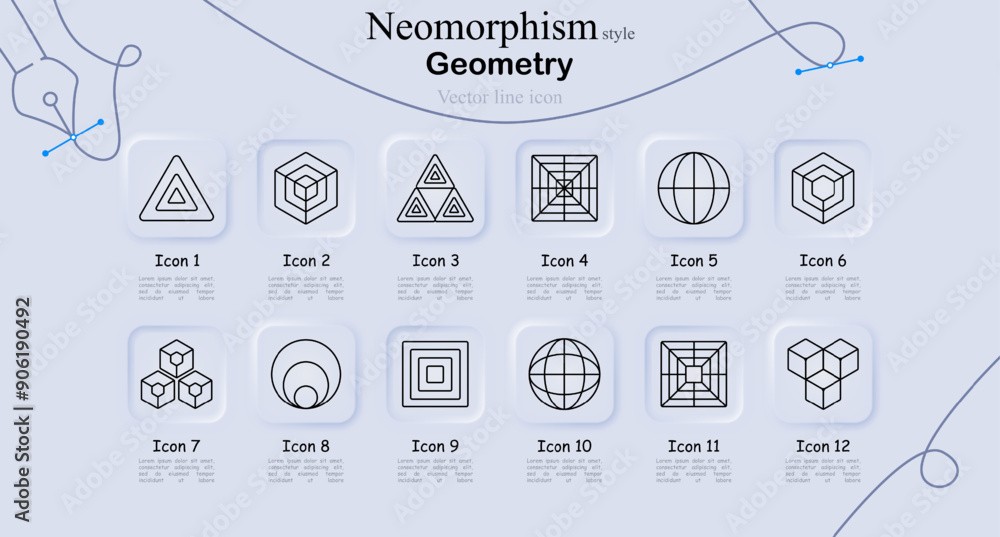 Geometry icon set in neomorphism style. Triangle, nested cubes, grid ...
